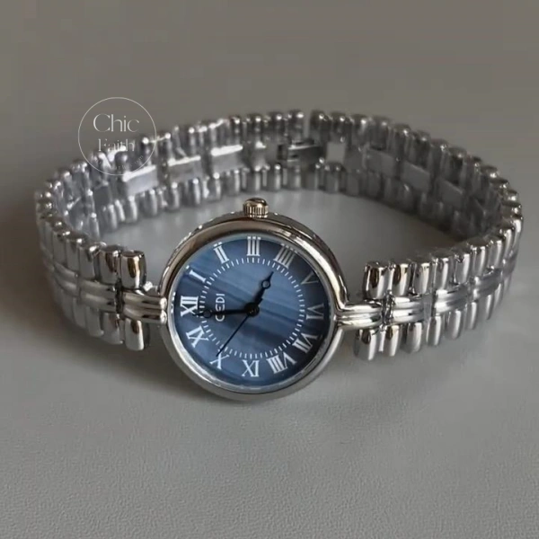 Vintage-Inspired Blue Mother-of-Pearl Dial Watch Round Face Silver ...