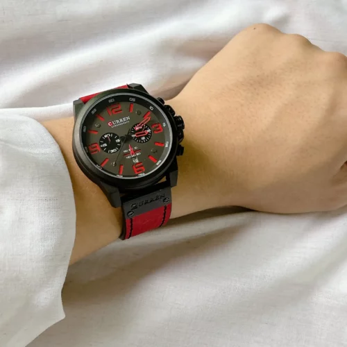 Bold Black and Red Chronograph Men’s Watch Sport Dial Leather Band ...